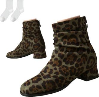 Generic Bottines Pour Femmes &Agrave; Petit Talon Carr&eacute;, Bottines Courtes Tendance En Imitation Daim Imprim&eacute; L&eacute;opard Avec Un Design Pliss&eacute;, Bottines Confortables Pou