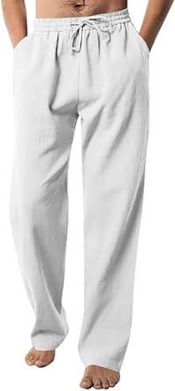 Generic Pantalon en lin pour homme - Pantalon dété long et léger - Coupe ample - Coupe droite - Coupe droite - Pantalon de jogging décontracté en lin avec poc