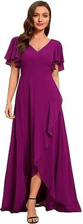 Ever-pretty Vestito da Damigella Lungo Con Volantes Con Spacco Scollo a V Maniche Corte Elegante Abito da Damigella Rouge-Violet 46