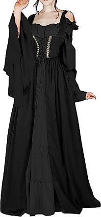 Generic Robes Renaissance pour femmes - Robes m&eacute;di&eacute;vales vintage pour Halloween - Robes longues &agrave; &eacute;paules d&eacute;nud&eacute;es avec manches &eacute;vas&eacute;es - Tenue victorienne, L