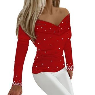 Generic T-shirt &agrave; manches longues et col en V pour femme avec paillettes et perles d&eacute;coratives, Rouge, XL