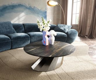 DELIFE Couchtisch Edge Rund 90x90 cm Keramik Laminam Noir Desir Braun Parabi Edelstahl geb&uuml;rstet, Couchtische