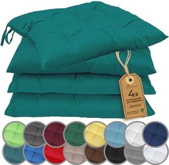 NatureMark 4er Set Stuhlkissen mit B&auml;ndern 40x40 cm - Gef&uuml;llte Sitzkissen, Outdoor & Indoor - Petrol