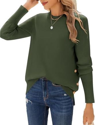 Zeagoo Pull Femme Automne Hiver Col Rond Manches Longues Tricot&eacute; &Eacute;l&eacute;gant D&eacute;contract&eacute; Pull-Over avec Boutons C&ocirc;t&eacute; Sweater S-XXL Vert arm&eacute;e XXL