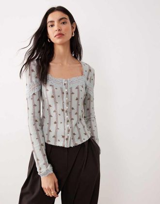 Free People Lets Party - Top boutonn&eacute; &agrave; fleurs - Bleu nacr&eacute;e