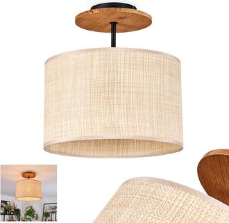 HOFSTEIN Deckenleuchte Sabadim, Deckenlampe aus Metall/Holz/Papiergeflecht/Stoff in Schwarz/Natur/Braun, runde Leuchte im Boho-Design (Schirm &Oslash; 35 cm), E27, Es