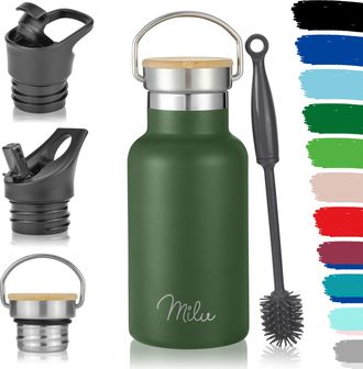 Milu Edelstahl Trinkflasche 350ml 500ml 750ml 1000ml (+3 Deckel) Thermosflasche mit Strohhalm Isolierte Wasserflasche für Kinder, Erwachsene, für unterwegs