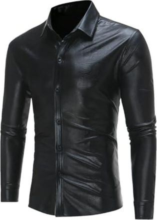 Generic Chemise en Cuir pour Hommes Manteau De Discothèque Enduit Métallique Argent Or Noir Manches Longues Boutonné Hiver Automne