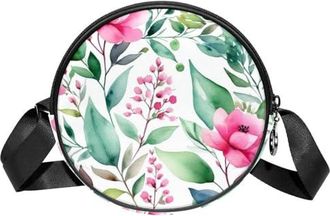 Generic Petit sac &agrave; bandouli&egrave;re circulaire pour femme, motif feuilles florales, sac &agrave; dos avec fermeture &eacute;clair, bretelles r&eacute;glables, sac &agrave; main rond d&eacute;contra