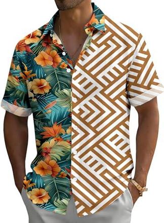 Generic Chemise hawa&iuml;enne pour homme | G&eacute;om&eacute;trique Botanique | Chemise hawa&iuml;enne tendance, v&ecirc;tements boutonn&eacute;s tropicaux, pour les vacances, G&eacute;om&eacute;trique Hawa&iuml;