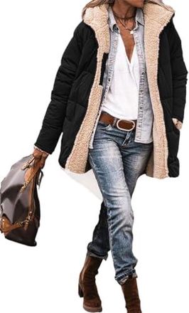 ORANDESIGNE Femme Manteaux Courte Chauds Dhiver Réversible Sherpa Polaire Longues Doudoune Vestes Bouffantes à Capuche Vêtements Dextérieur A Noir XXL