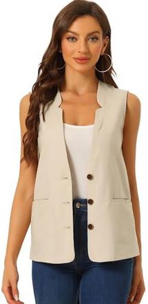 Allegra K Gilet en coton et lin pour femme, décontracté, col en V, boutonné, sans manches Beige M