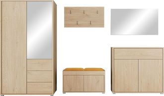 Mirjan24 Garderoben-Set Gesita V, Kleiderschrank, Schuhschrank, Kommode, Spiegel und Kleiderhakenbrett, 5 Kleiderhaken, Flurgarderobe, Schrank, Wandgarderobe (