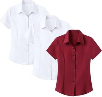 Generic Lot de 3 chemisiers &agrave; manches courtes pour femme - D&eacute;contract&eacute; - Coupe droite - Col en V - Boutonn&eacute; - Couleur unie - D&eacute;contract&eacute; - Basique - Chemise d