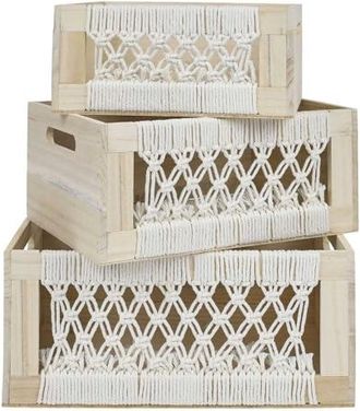 The Home Deco Factory RG0023, Boho Nesting Wooden Crate x3 - Stackable Decorative Storage in Durable Wood, Ideal for Toys and Accessories, Bohemian Aesthetic, Beige, Size: 