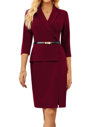 Grace Karin Damen Bodycon B&uuml;ro Etuikleid mit G&uuml;rtel Elegant 3/4 &Auml;rmel V-Ausschnitt Cocktailkleid Weinrot S