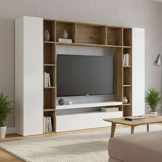 Dmora Ausgestattete Wand Gilberto, 3-t&uuml;riges TV-St&auml;nder-Wohnzimmerset, Mehrzweck-Wohnzimmerm&ouml;bel, 100% Made in Italy, 270 x 35 x 210 cm, gl&auml;nzendes Wei&szlig; und