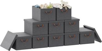 Woltu Lot de 10 Boîtes de Rangement Pliables, Paniers de Rangement en Tissu Non Tissé, avec Poignées et Couvercle, pour Vêtements et Jouets, Gris, 43x33x26c