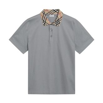 Burberry Homme, Tops, Gris, Taille: M Polo Evan &agrave; Col &agrave; Carreaux en Piqu&eacute; de Coton
