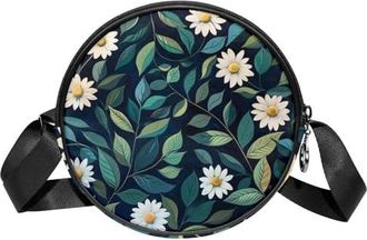 Generic Petit sac &agrave; bandouli&egrave;re circulaire pour femme, marguerites, feuilles, petit sac &agrave; bandouli&egrave;re avec fermeture &eacute;clair, bretelles r&eacute;glables, sac &agrave; main r