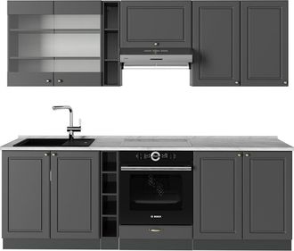 Vicco Küchenzeile Fame-Line, Anthrazit-Gold Landhaus, 235 cm, AP Marmor