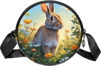 Generic Petit sac &agrave; bandouli&egrave;re circulaire pour femme, motif floral, lapin, sac &agrave; dos &agrave; bandouli&egrave;re avec fermeture &eacute;clair, bretelles r&eacute;glables, sac &agrave; main ron