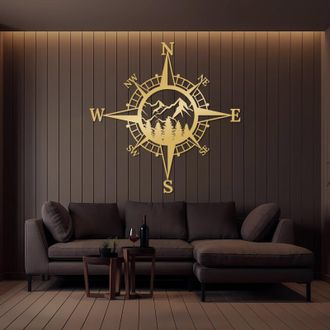 Generic Schwarzes Kompass-Berg-Wandbild aus Metall, maritimes Waldmotiv aus Metall f&uuml;r drinnen und drau&szlig;en, Moderne Skulptur mit Kompass-Bergmotiv f&uuml;r Wohnzim