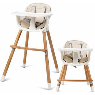 Costway 2-in-1 Babyhochstuhl, Kinderhochstuhl aus Holz, Treppenhochstuhl, Kombihochstuhl Baby, Holzhochstuhl Kinder mit einstellbare Ablage und Fussstuetze