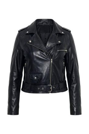 Ulla Popken Lederjacke Biker-Lederjacke Reverskragen G&uuml;rtel Langarm