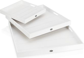 Com-Four 3-teiliges Tablett-Set aus Holz - Vintage Dekobretter, 3 Größen - weiße Serviertabletts mit Kleiner Metallplakette - Wiederverwendbare Dekoschalen mit