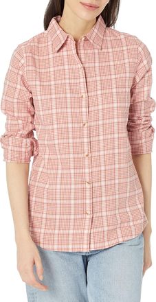 Amazon Essentials Damen Regular-Fit Leichtes Kariertes Langarm-Flanellhemd, Pfirsich Windowpane Plaid, XL