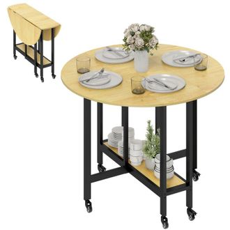 HOMCOM Table &agrave; manger pliante - HOMCOM - pour 4 personnes - 6 roulettes - &eacute;tag&egrave;re int&eacute;gr&eacute;e - panneau de particules - 100x100x75cm - ch&ecirc;ne