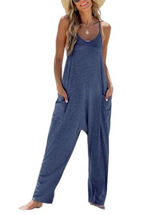 Cupshe Combinaison d&eacute;t&eacute; sans manches pour femme, coupe ample, en tricot, col rond, poches larges, grenouill&egrave;re longue une pi&egrave;ce pour les vacances, Bleu pouss