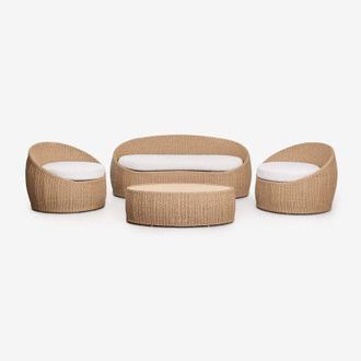 Sklum Gartenset mit 3-Sitzer-Sofa, 2 Sesseln und Couchtisch aus Akazienholz und synthetischem Rattan Clarnyx Nat&uuml;rlich