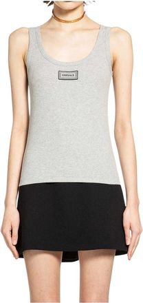 Versace Femme, Tops, Gris, Taille: 38 FR D&eacute;bardeur c&ocirc;tel&eacute; en coton stretch