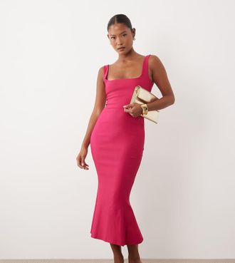 Vesper Petite - Robe mi-longue sans manches en bengaline avec encolure carr&eacute;e et ourlet plongeant - Rose