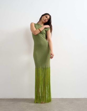 Topshop Robe longue en maille c&ocirc;tel&eacute;e &agrave; franges - Vert-Blanc
