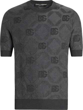 Dolce & Gabbana Homme, Pulls, Gris, Taille: 3XL Pull Ras du Cou en Soie avec Logo Jacquard