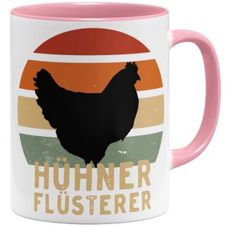 OM3 H&uuml;hnerfl&uuml;sterer Kaffee-Tasse mit Spruch - Lustige Spruchtasse - H&uuml;hner Fl&uuml;sterer - Statement - Keramik Becher - 325ml - Beidseitig Bedruckt - Rosa