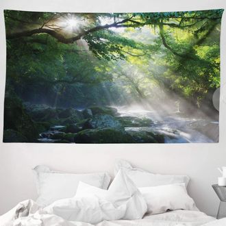 Abakuhaus Regenwald Wandteppich und Tagesdecke, Jungle Sonnenlicht Bäume aus Weiches Mikrofaser Stoff Waschbar ohne Verblassen Digitaldruck, 230 x 140 cm,Grün W