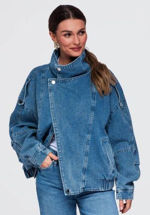 Ombre Jeansjacke Damen Jeansjacke mit hohem Kragen und Oversized-Schnitt Blau L (kein Set, 1-St) in Unifarbe