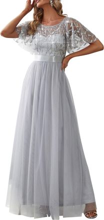 Ever-pretty Damen Abendkleid A-Linie Spitze Kurze &Auml;rmel Partykleid lang Grau 50