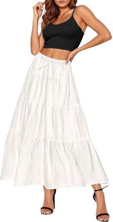 Generic Jupe longue d&eacute;t&eacute; pour femme - Grandes tailles - Couleur unie - Jupe midi l&eacute;g&egrave;re et a&eacute;r&eacute;e - Avec cordon de serrage - Jupe pliss&eacute;e en coton - Jupe trap&egrave;