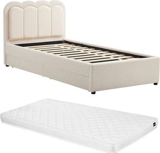 Vente-Unique Lit 90 x 190 cm Avec 2 tiroirs - Avec LEDs - Tissu Bouclette - Cr&Euml;me + Matelas - NESTIAKO