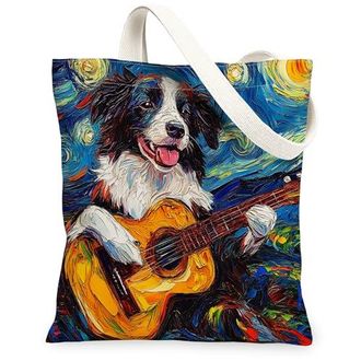 Generic Sac fourre-tout en toile motif Border Collie pour le shopping 33 x 38 cm, motif guitare &eacute;toil&eacute;e, sac d&eacute;picerie r&eacute;utilisable pour femme, animal de comp