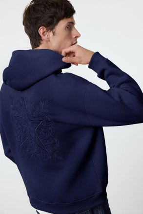 Trendyol MAN Herren Dunkelblau Slogan Lang Oversize Sweatshirts
