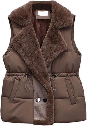 Generic Gilet chaud pour femme - Doudoune courte &agrave; double boutonnage - Sans manches - Col rabattable - Manteau uni, caf&eacute;, XL