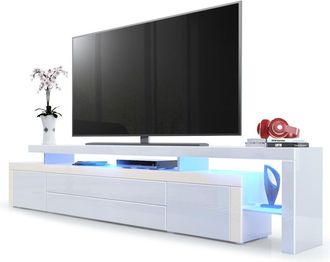 Vladon TV Board Lowboard Leon V3, Made in Germany, Korpus und Überbau in Weiß Hochglanz/Front in Weiß Hochglanz mit Rahmen in Creme Hochglanz inkl. LED Beleu