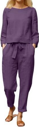 Generic Ensemble deux pi&egrave;ces assorti en coton et lin pour femme, haut d&eacute;contract&eacute; &agrave; manches courtes, pantalon fusel&eacute;, v&ecirc;tements de plage, v&ecirc;tements d&eacute;contract