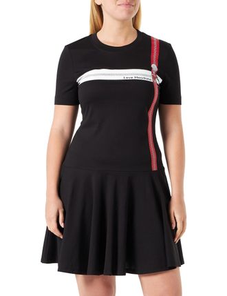 Love Moschino Regular fit Short-Sleeved Dress in 30/1 Cotton Jersey, with Flared Skirt and Zipper Print on Front